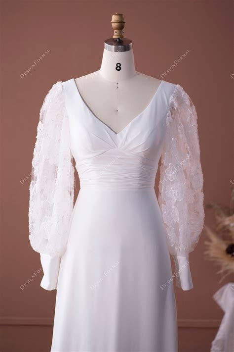 Flower Embroidered Bell Sleeve V Neck Mermaid Chiffon Wedding Dress