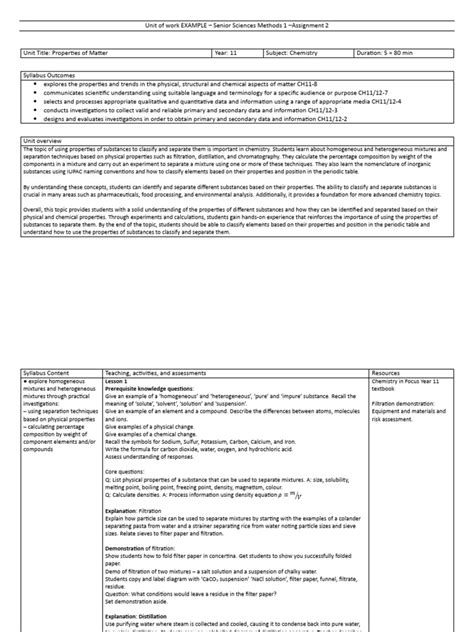 Unit Of Work Example Senior Science Methods 1 2024 1 Pdf Chemical