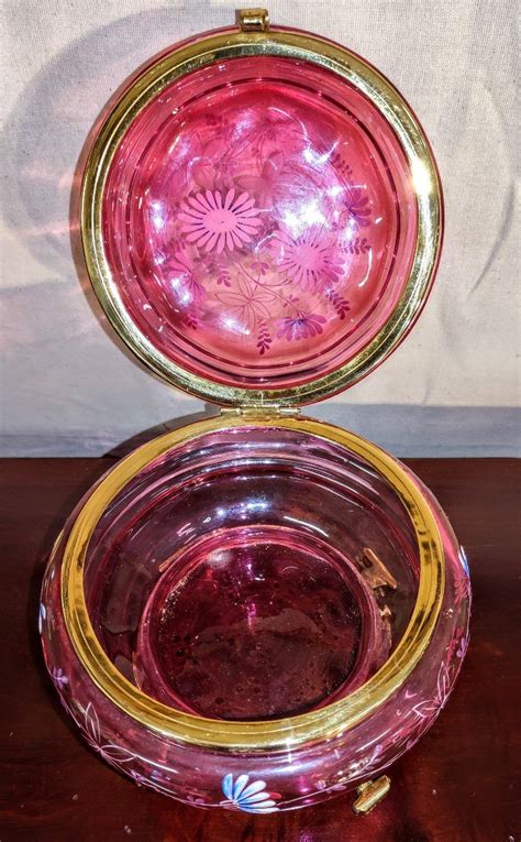 Proantic Bonbonnière Cristal Rose Décor Fleurs Emaillées