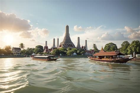 Premium Photo View Over River Chao Phraya From Boat Back To Temple