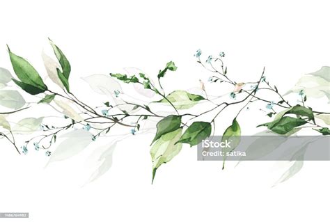 수채화 그린 녹지 프레임 템플릿입니다 녹색 파란색 가지와 나뭇잎이 있는 꽃다발 이음매 없는 테두리 0명에 대한 스톡 벡터 아트