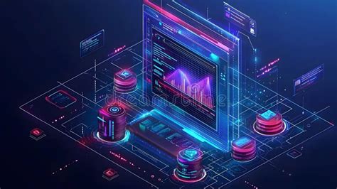 futuristic data analytics isometric view of computer with neon data