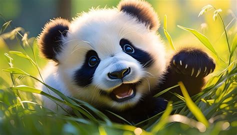 Cute Panda Cub In The Grass Premium Ai Generated Image