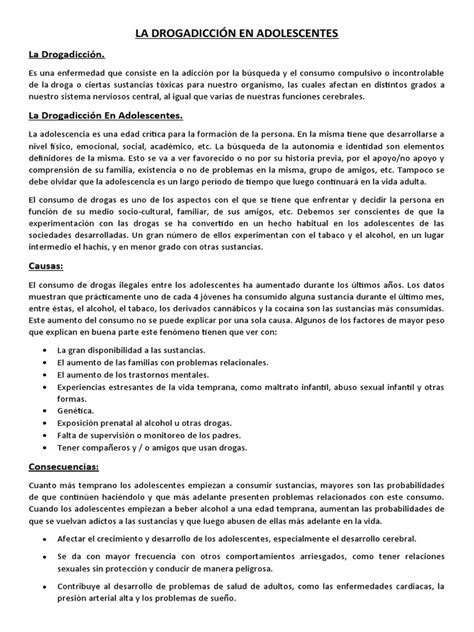 La Drogadicción En Adolescentes Pdf La Dependencia De Sustancias