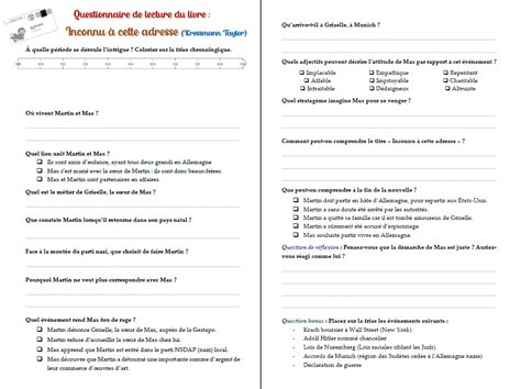 Questionnaire De Lecture Sur Le Livre Inconnu Cette Adresse