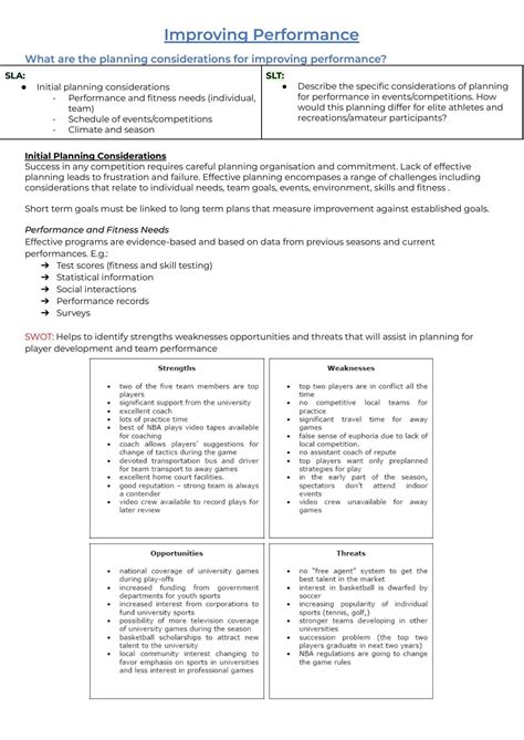 Pdhpe Option 4 Improving Performance Entire Syllabus Notes Personal Development Health And