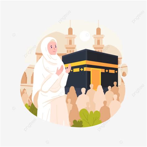 이슬람 성지순례 이슬람 여성은 플랫 스타일로 카바 배경 벡터 삽화가 있는 Ihram 옷을 입는다 하지 순례 여행 이슬람의 Png 일러스트 및 벡터 에 대한 무료