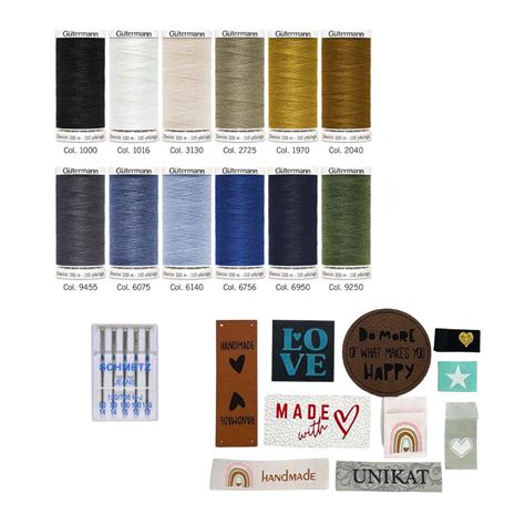 Gütermann Denim Box mit Jeans Nähnadeln und Kunstleder Labels 799748