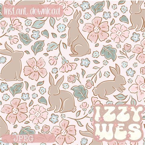 Floral Easter Bunny Seamless Digital Pattern Download Hand Drawn Bunny
