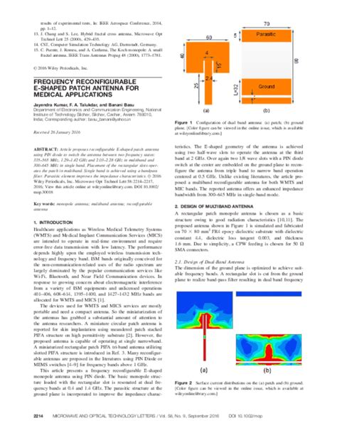 Pdf Frequency Reconfigurable E Shaped Patch Antenna For Medical Applications