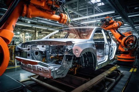 Assembly Line For The Production Of Modern Cars Robots Weld A Car Body