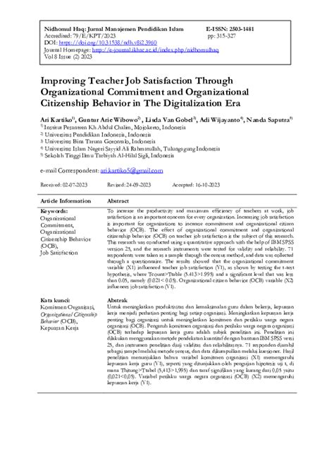 Pdf Improving Teacher Job Satisfaction Through Organizational Commitment And Organizational