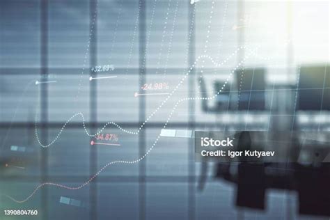 현대가구가 비치된 사무실 인테리어 배경 컴퓨팅 및 분석 개념에 대한 추상통계 데이터 홀로그램 인터페이스의 다중 노출 0명에 대한