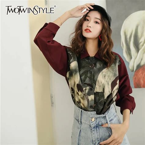 TWOTWINSTYLE Print Shirts Blouse Women Lapel Collar Long Sleeve Plus