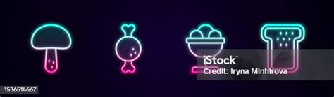 버섯 닭 다리 그릇에 아이스크림 빵 토스트를 설정합니다 빛나는 네온 아이콘입니다 벡터 0명에 대한 스톡 벡터 아트 및 기타