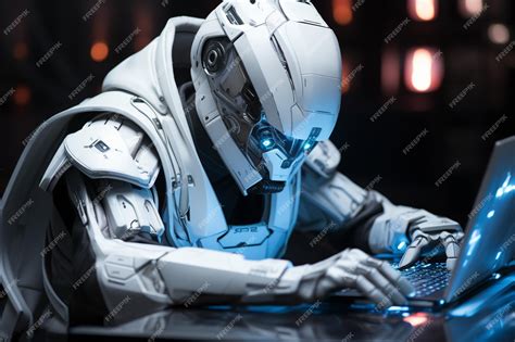 premium ai image arafed robot using a laptop computer in a dark room