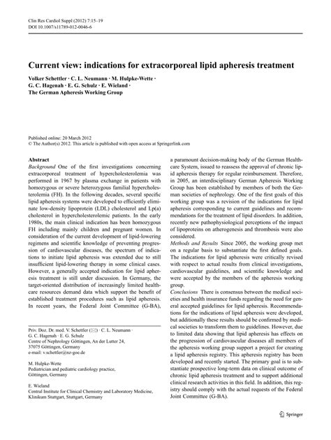 Pdf Current View Indications For Extracorporeal Lipid Apheresis