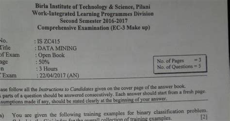 Coding Tech Life Data Mining Iszc415 Comprehensive Examination Question Paper 2017 Makeup