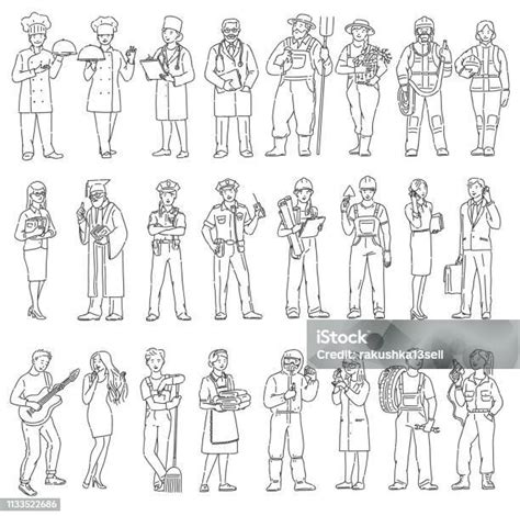 婦女和男子從事不同的職業勞動節的人向量黑色白色插圖的線條藝術風格向量圖形及更多線條畫圖片 線條畫 警察 外型 Istock