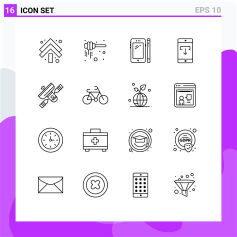 Pictogram Set Of 16 Simple Outlines Of Mobile Application Download Phone Data Pen Editable