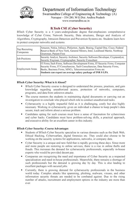 Why CS And CSBS Department Of Information Technology Swarnandhra