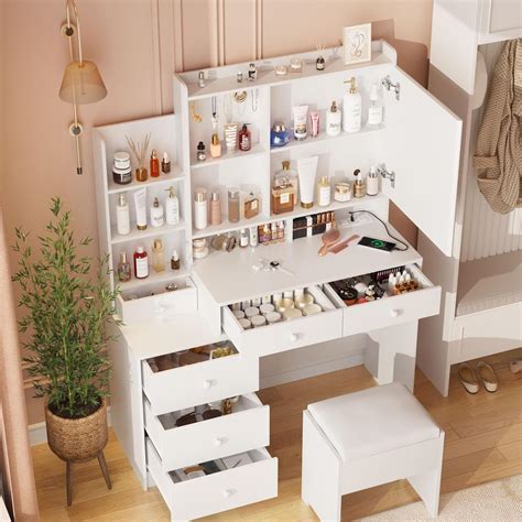 Veanerwood Vanity Table Set With Led Lighted Mirror Makeup Vanity Table