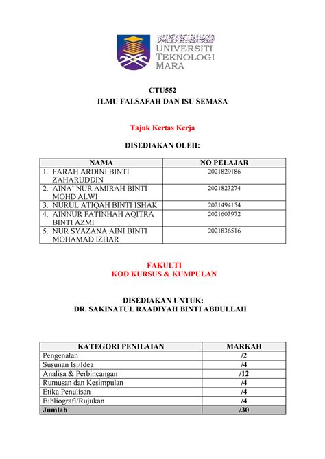 Assignment CTU552 - CTU 552 ILMU FALSAFAH DAN ISU SEMASA Tajuk Kertas Kerja DISEDIAKAN OLEH ...