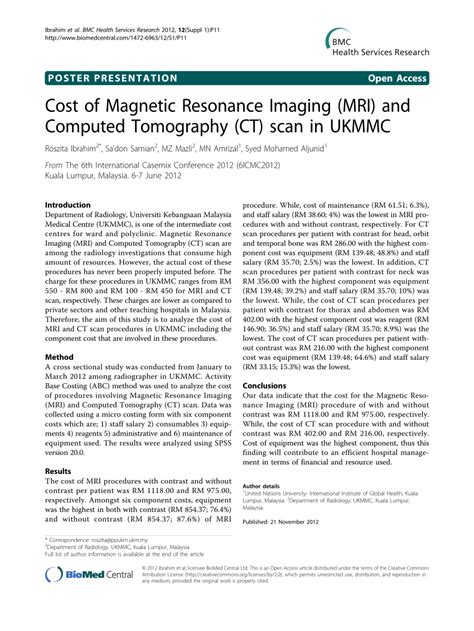Pdf Cost Of Magnetic Resonance Imaging Mri And Computed Tomography