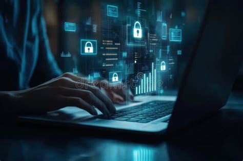 Person Typing On Laptop With Digital Security Icons Representing Cybersecurity And Data