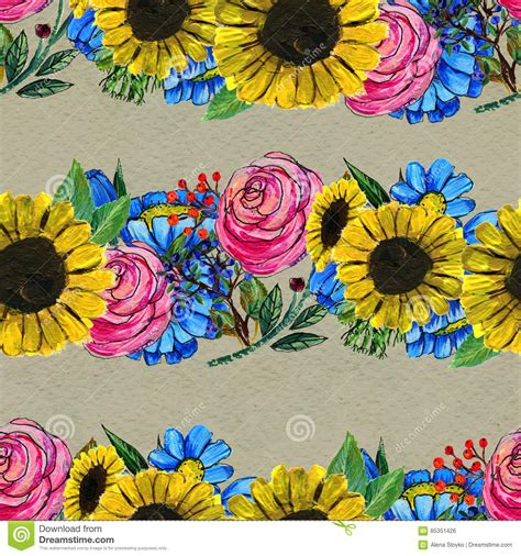 Seamless Pattern With Blue Yellow And Pink Flowers Stock Illustration