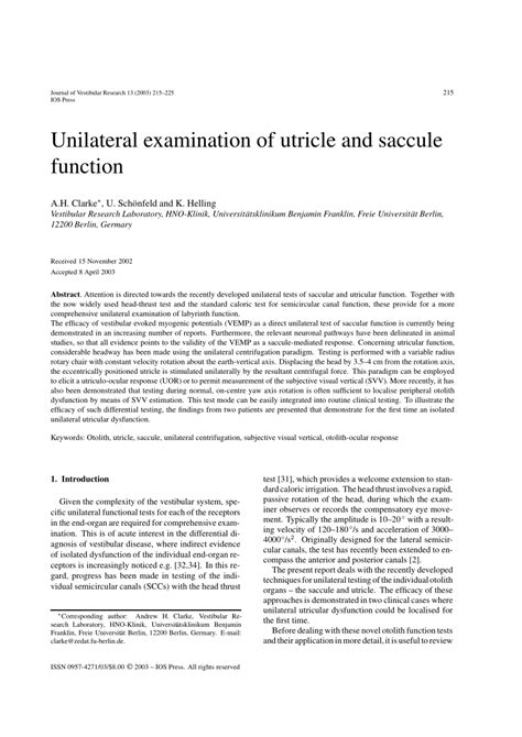 Pdf Unilateral Examination Of Utricle And Saccule Function