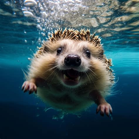 Premium Photo Hedgehog Swimming In The Water With Its Mouth Open And