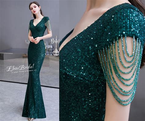 Emerald Green Mermaid Prom Dressessexy V Neck Sequins Formal Etsy
