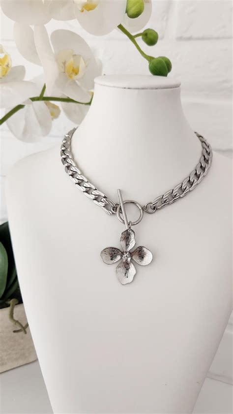 Big Flower Necklace Summer Necklace Silver Chain Choker Necklace