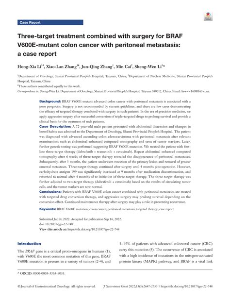 PDF Three Target Treatment Combined With Surgery For BRAF V E Mutant Colon Cancer With