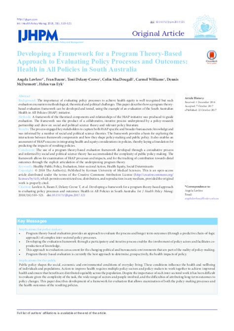pdf developing a framework for a program theory based approach to
