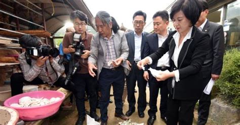 지진으로 깨어진 도자기 파편 들어보이는 추미애