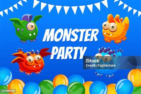 귀여운 재미 몬스터 캐릭터 생일 축하 포스터 전단지 초대 카드 벡터 일러스트와 몬스터 파티 배너 템플릿 귀여운에 대한 스톡 벡터 아트 및 기타 이미지 Istock
