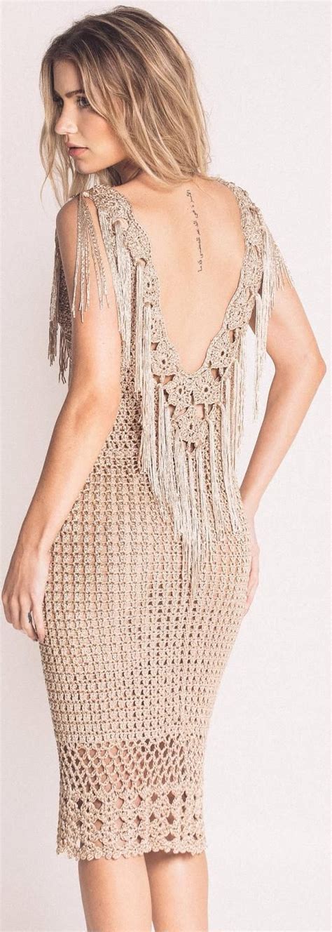Beige Fringe Crochet Dress By Terezza Back Black Crochet Dress Crochet Dress Crochet Clothes