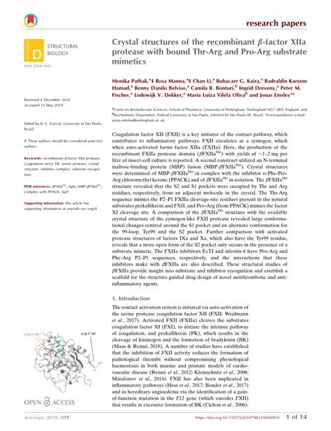 Pdf Crystal Structures Of The Recombinant β Factor Xiia Protease With Bound Thr Arg And Pro
