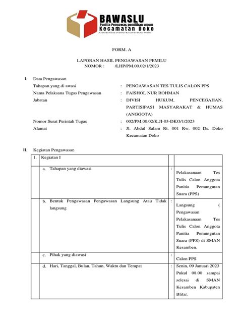 Form A Pengawasan Tes Tulis Pps Doko Pdf