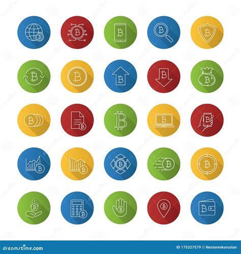 Bitcoin Flat Linear Long Shadow Icons Set Stock Vector Illustration