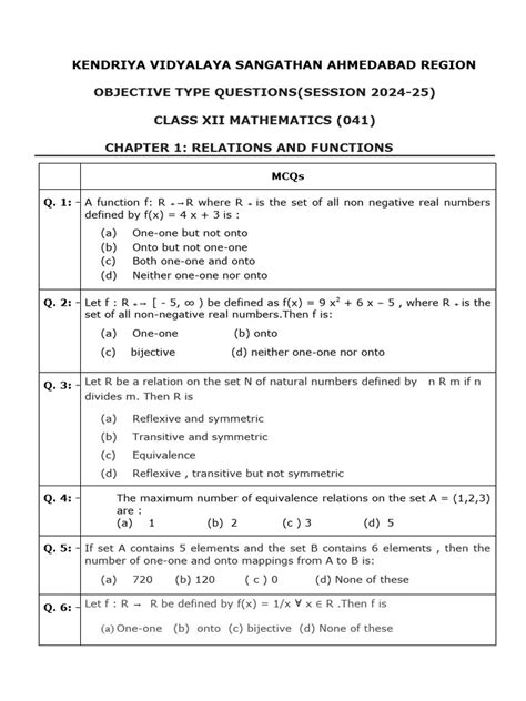 Mcq Ch 1 Relations And Functions Pdf Function Mathematics
