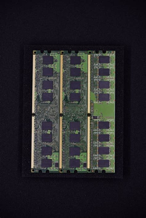 Green Ram Strips On Black Foam Computer Chips Close Up Stock Image