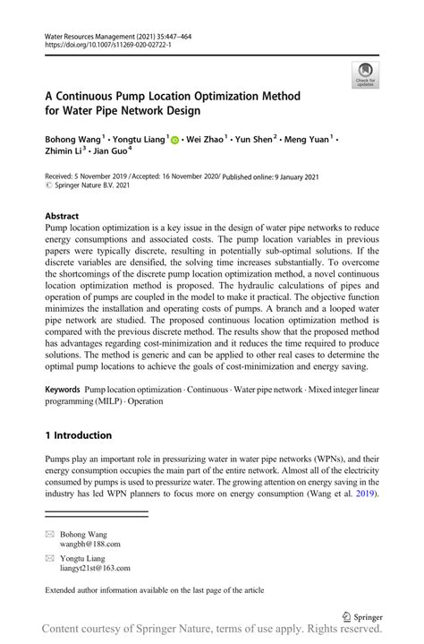 A Continuous Pump Location Optimization Method For Water Pipe Network Design Request Pdf