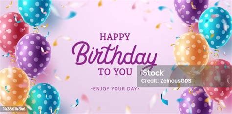 생일 인사말 벡터 배너 디자인 생일 축하합니다 당신에게 패턴 풍선 무리와 화려한 출생 날 파티 메시지 배경에 대한 색종이 요소와 텍스트 3차원 형태에 대한 스톡 벡터 아트