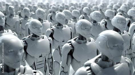 Crowd Of White Android Robots Showcasing Advanced Ai Machine Learning