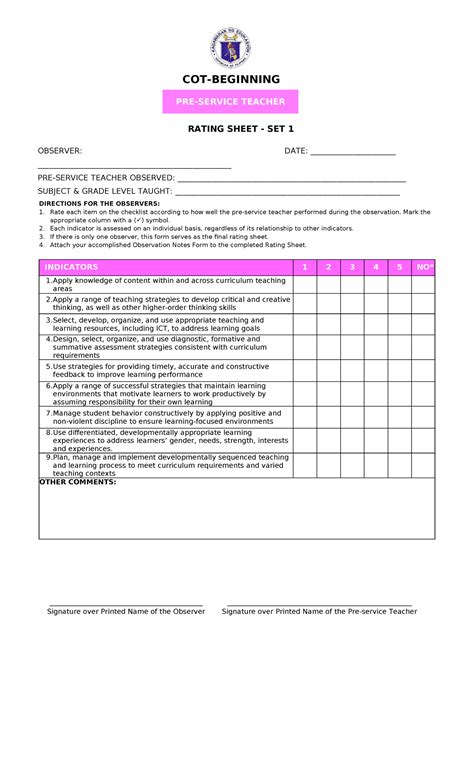 COT Beginning Set Rating Sheet RATING SHEET SET OBSERVER Studocu
