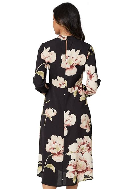 Izabel London Black Floral Long Sleeved Midi Tea Dress Matalan