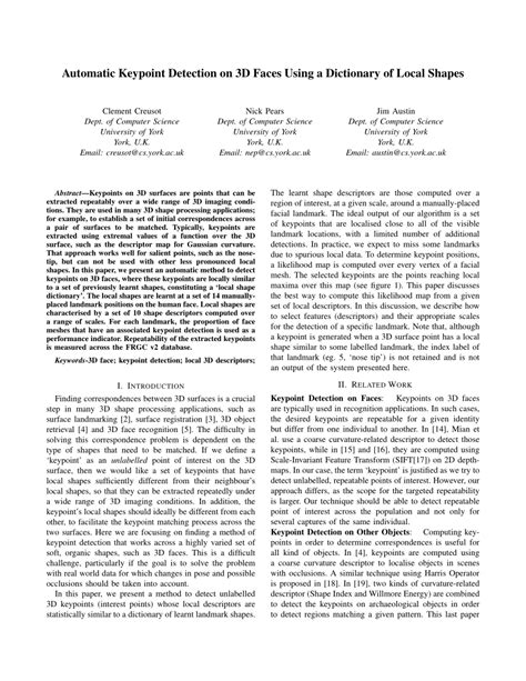 Pdf Automatic Keypoint Detection On 3d Faces Using A Dictionary Of